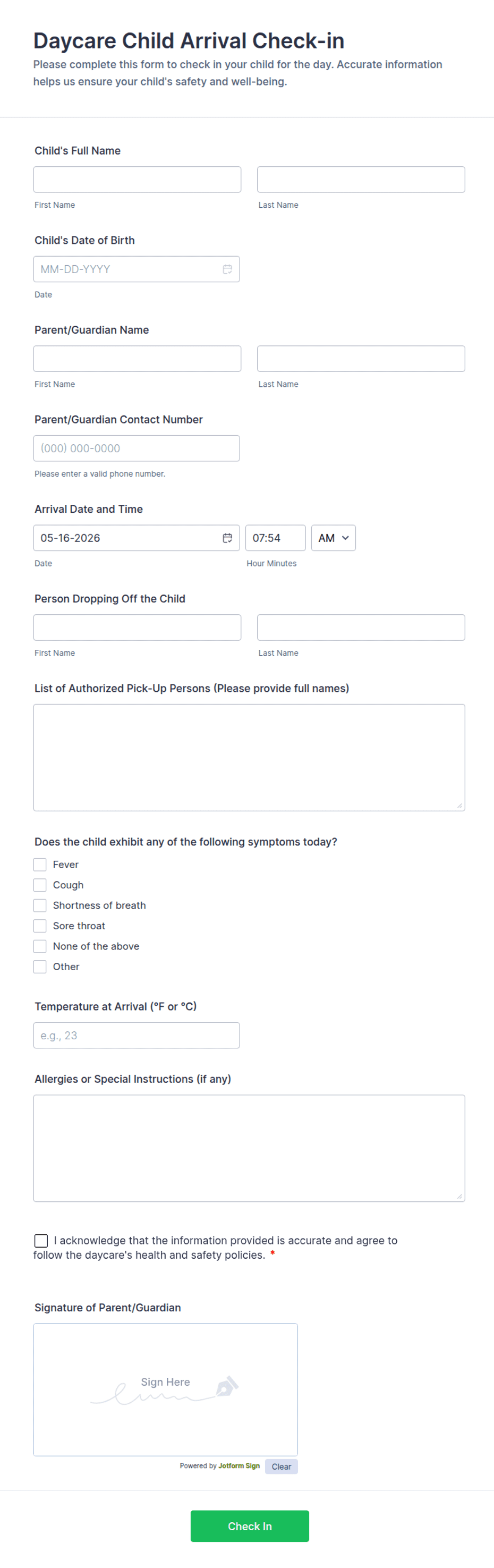 Daycare Child Arrival Check-in Form Template | Jotform