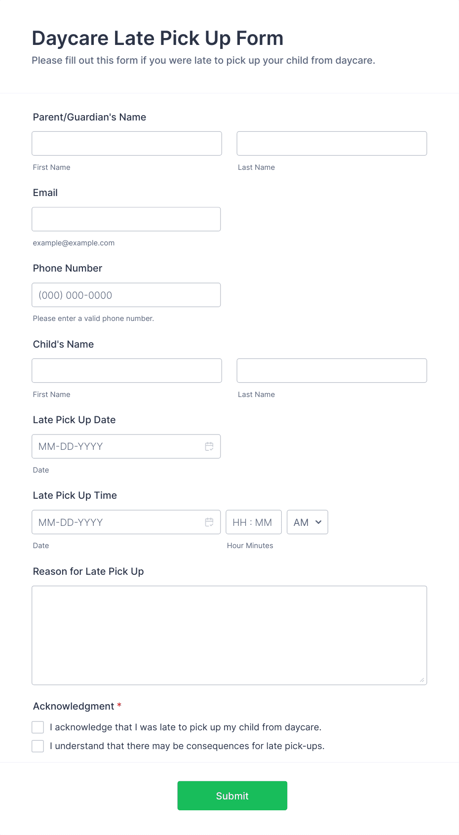 Daycare Late Pick Up Form Template | Jotform