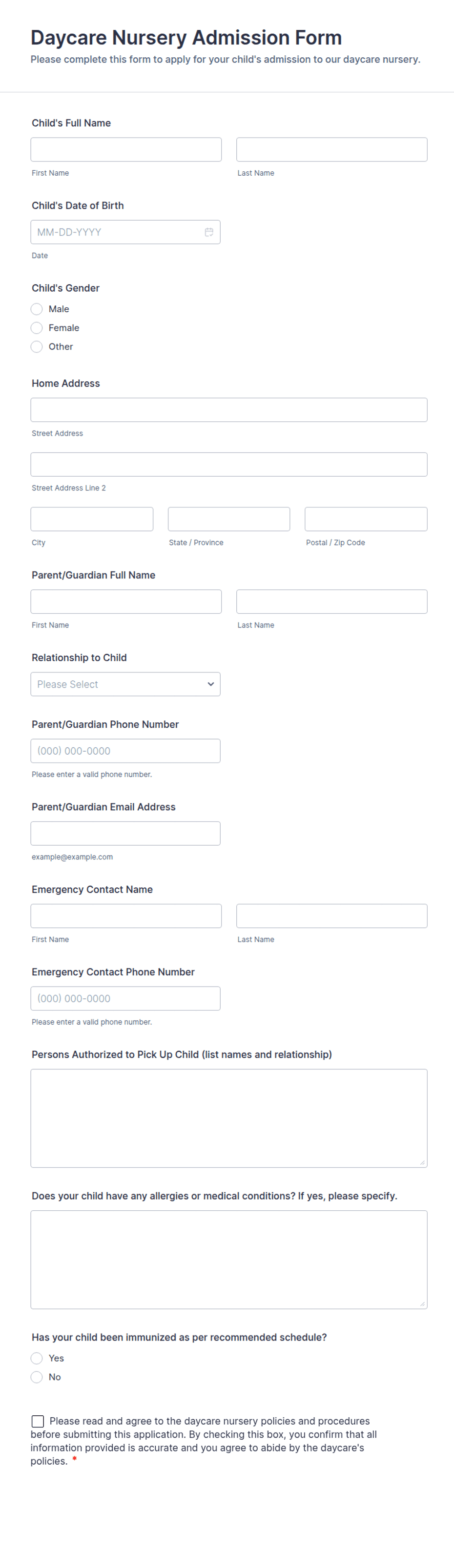 Daycare Nursery Admission Form Template | Jotform