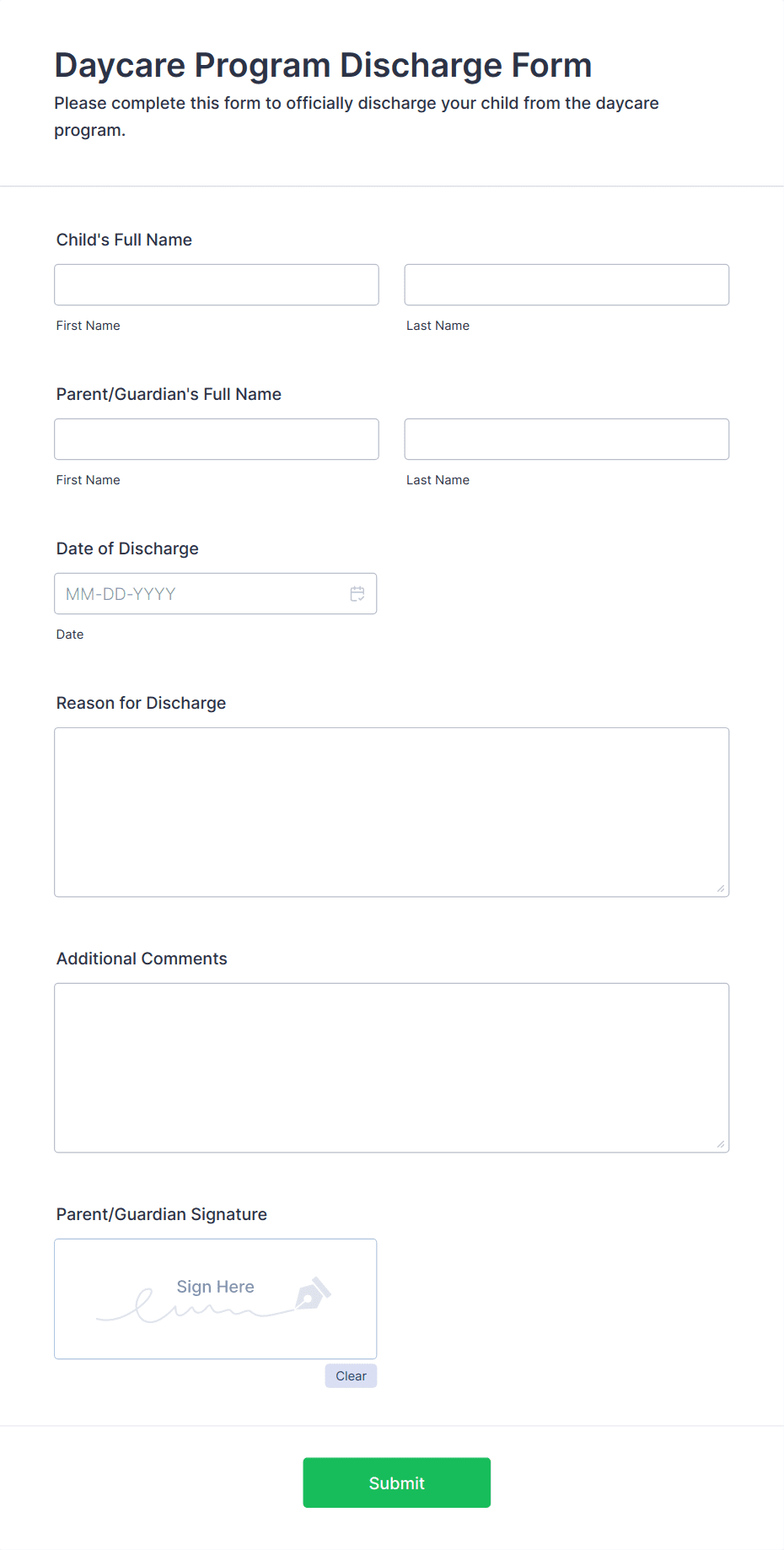 Daycare Program Discharge Form Template | Jotform