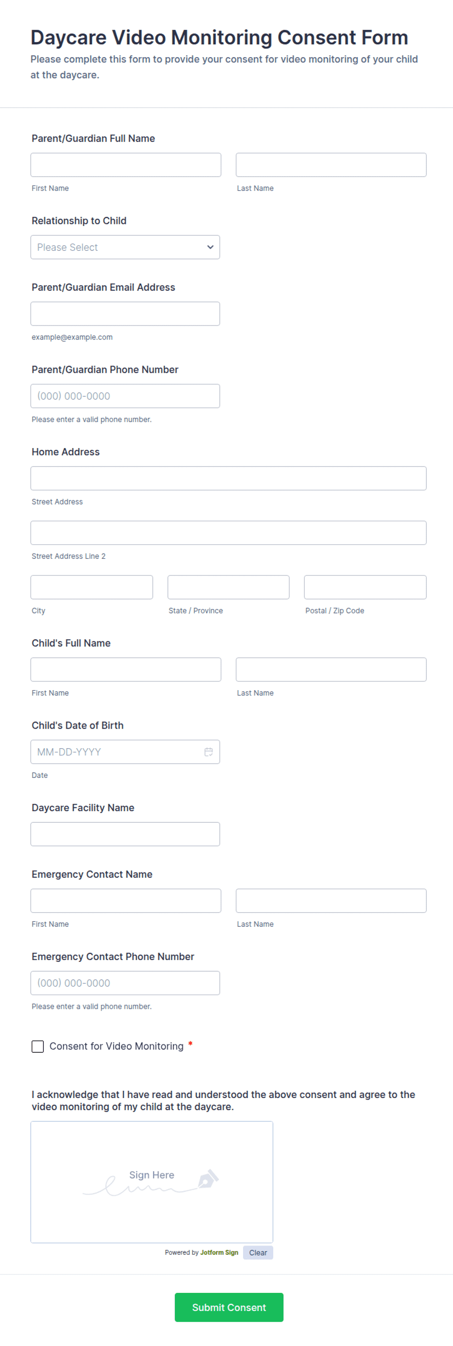 Daycare Video Monitoring Consent Form Template | Jotform