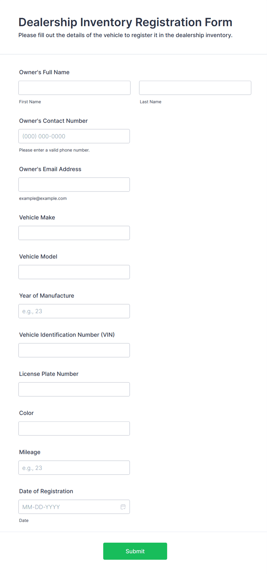 Dealership Inventory Registration Form Template | Jotform