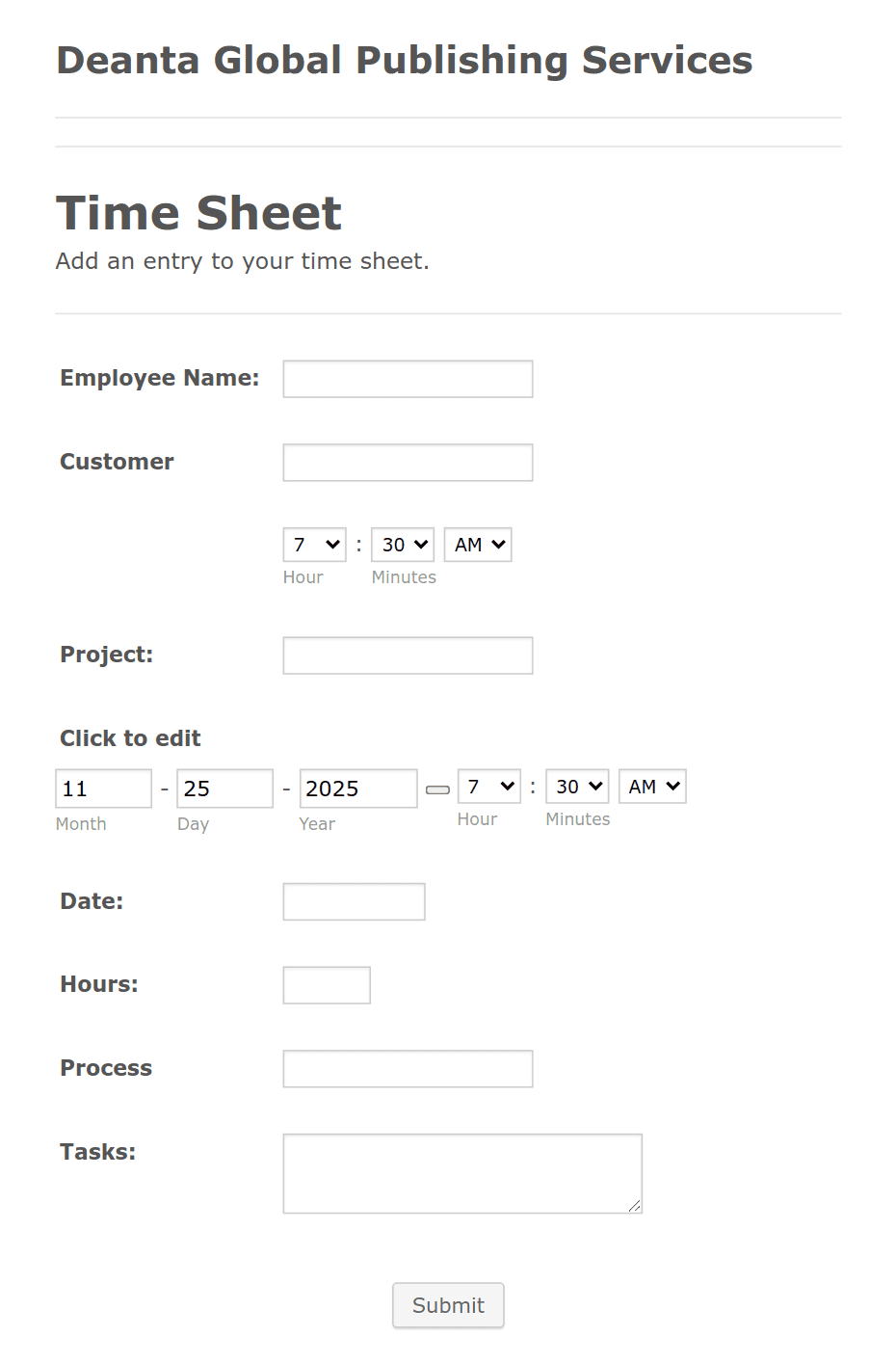 Deanta Emplyoee Time Sheet Form Template | Jotform