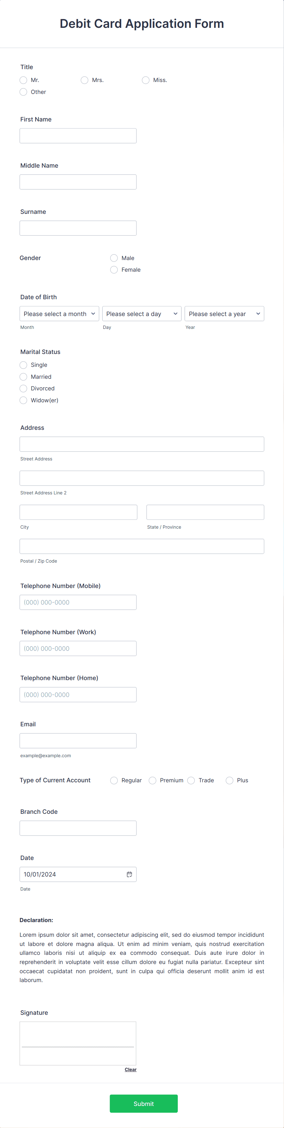 Debit Card Application Form Template | Jotform
