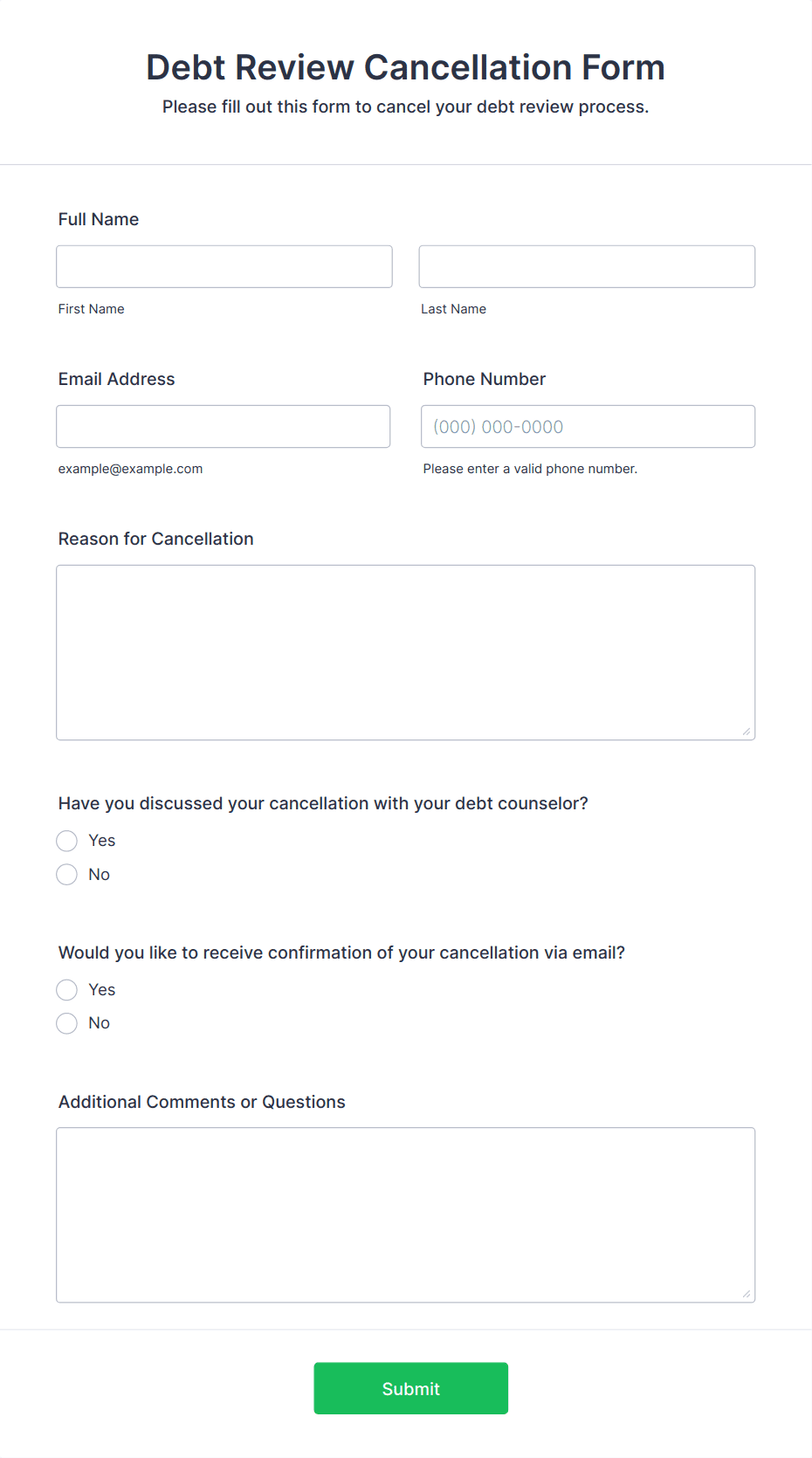 Debt Review Cancellation Form Template | Jotform