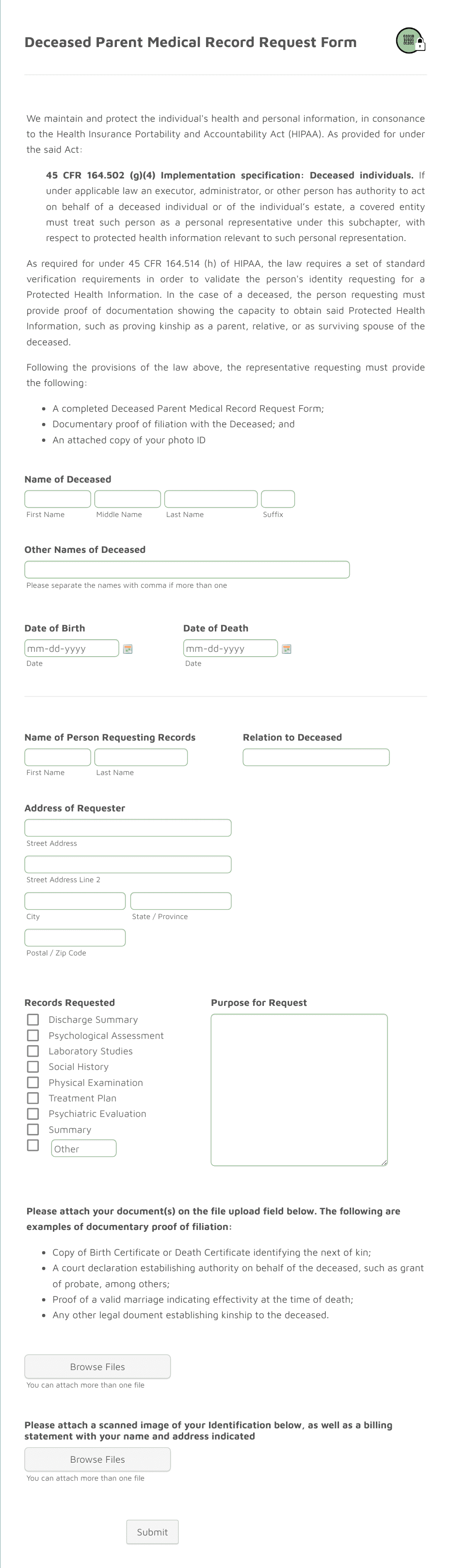 Deceased Parent Medical Record Request Form Template | Jotform