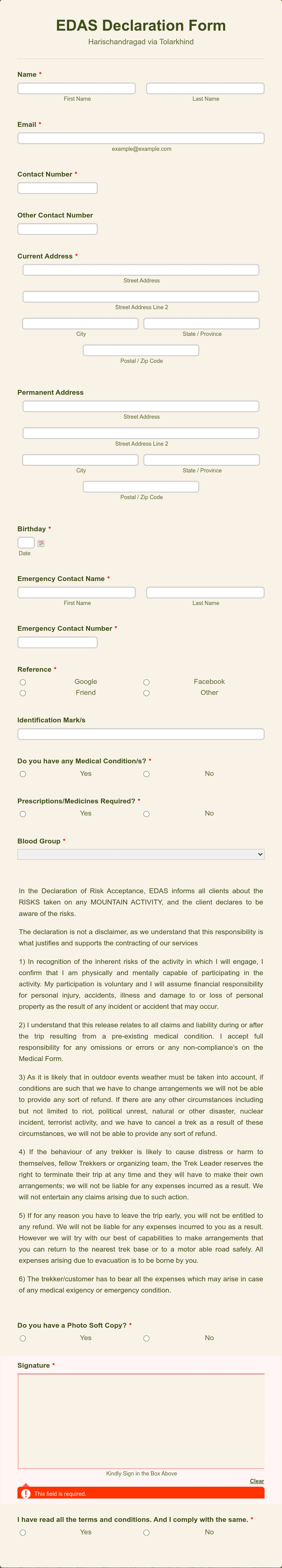 ADVENTURE SPORTS Declaration Form Template | Jotform