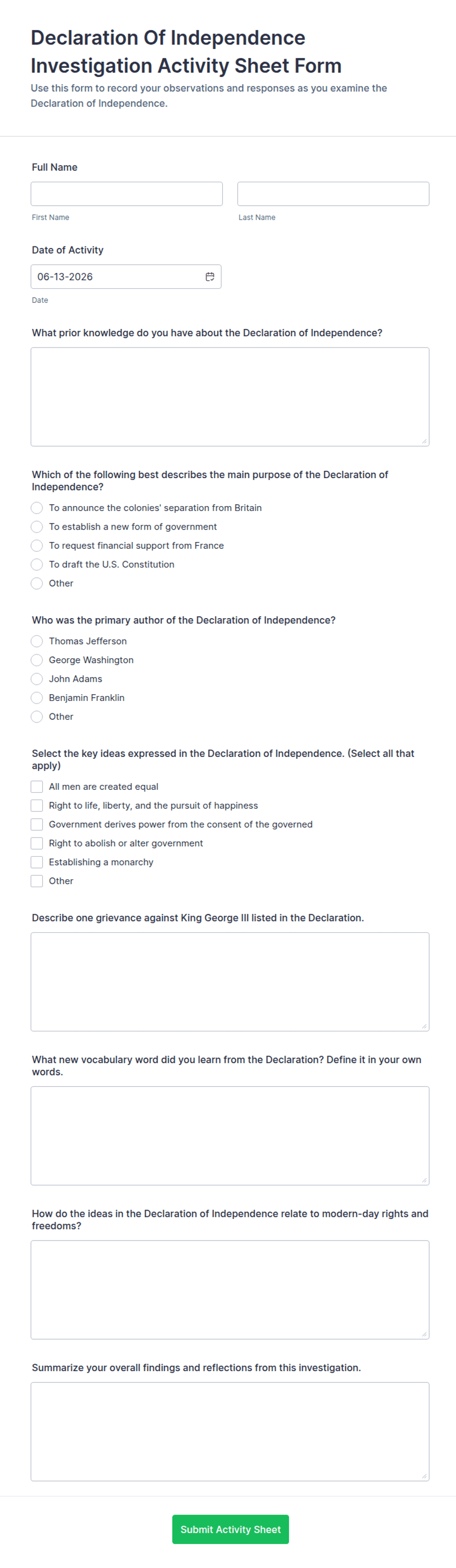 Declaration Of Independence Investigation Activity Sheet Form Template ...
