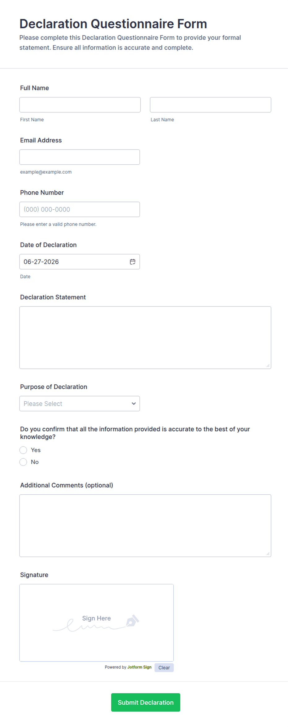 Declaration Questionnaire Form Template | Jotform