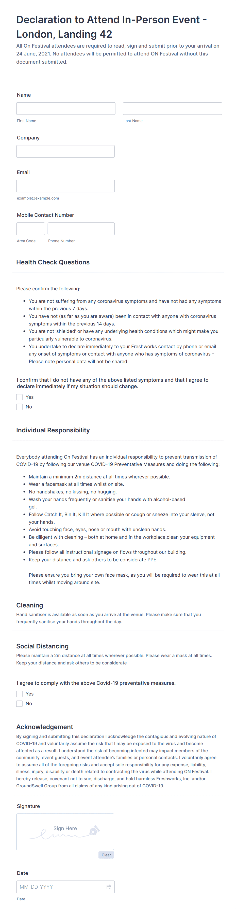Declaration to Attend In-Person Event Form Template | Jotform