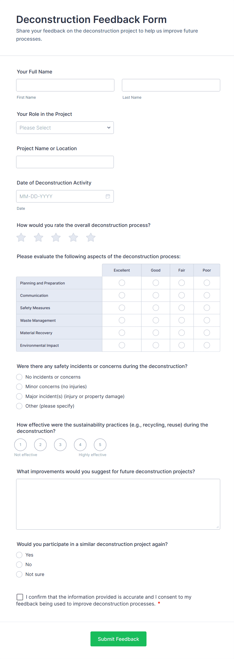 Deconstruction Feedback Form Form Template | Jotform