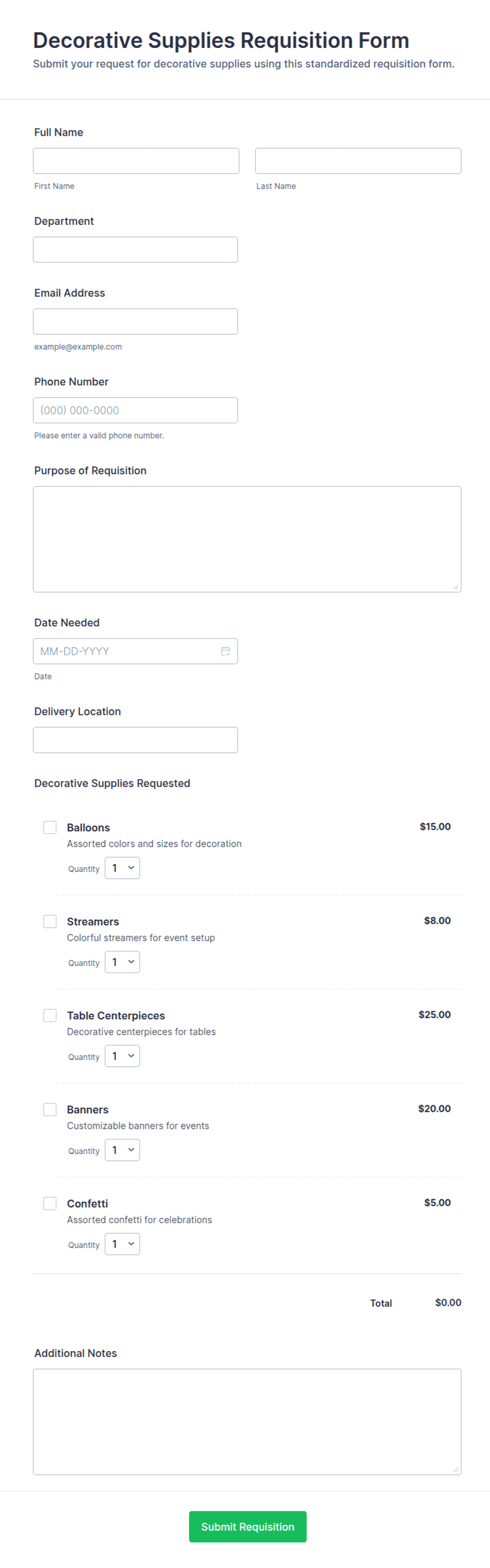 Decorative Supplies Requisition Form Template | Jotform