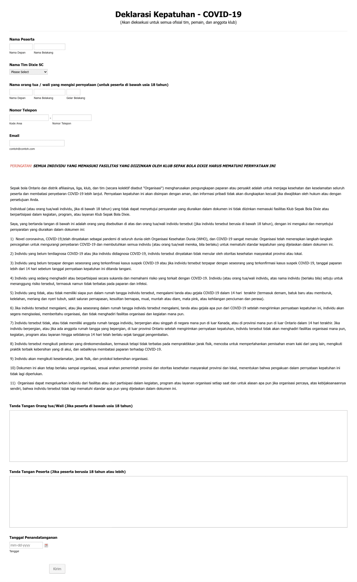 Deklarasi Kepatuhan Saat Covid 19 Template Formulir | Jotform