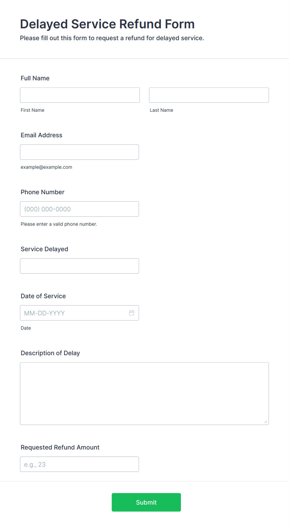 Delayed Service Refund Form Template | Jotform