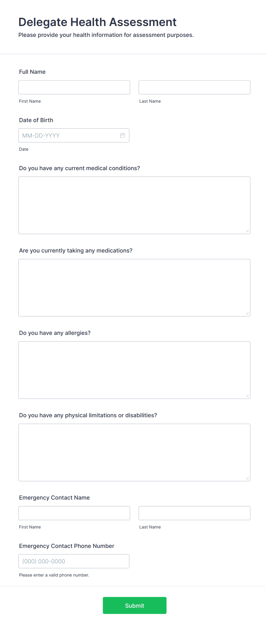Delegate Health Assessment Form Template | Jotform