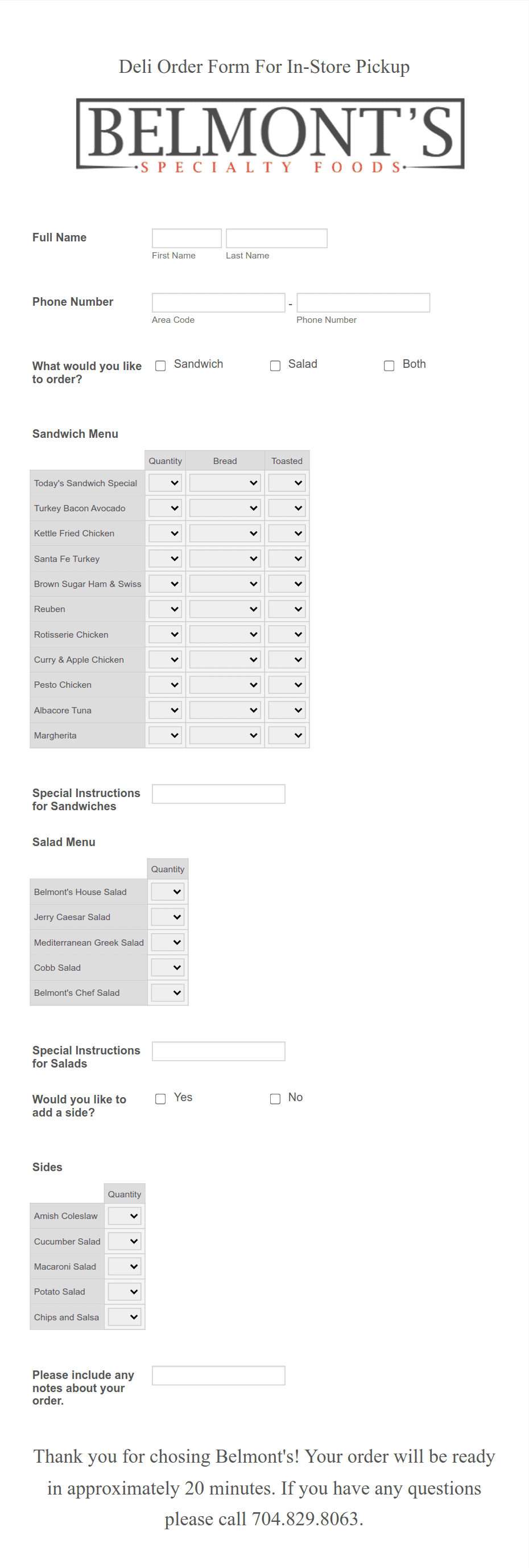 Deli Order Form For In-Store Pickup Form Template | Jotform