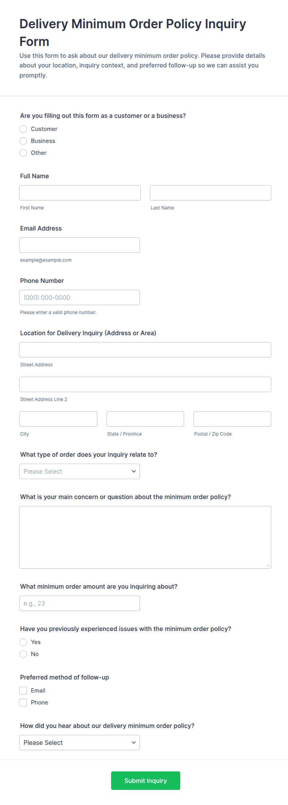 Delivery Minimum Order Policy Inquiry Form Template | Jotform
