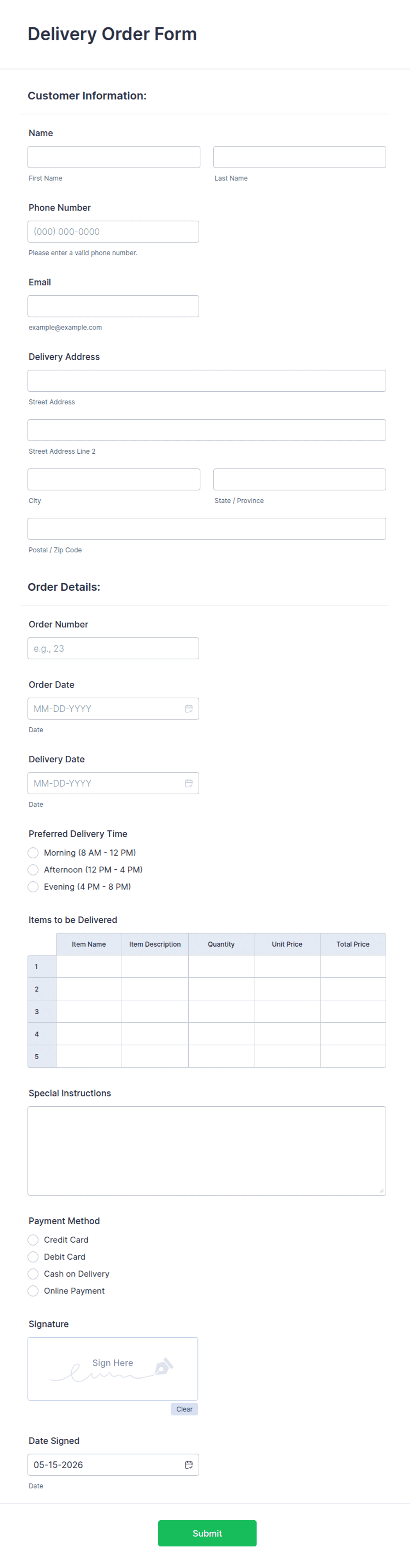 Delivery Order Form Template | Jotform