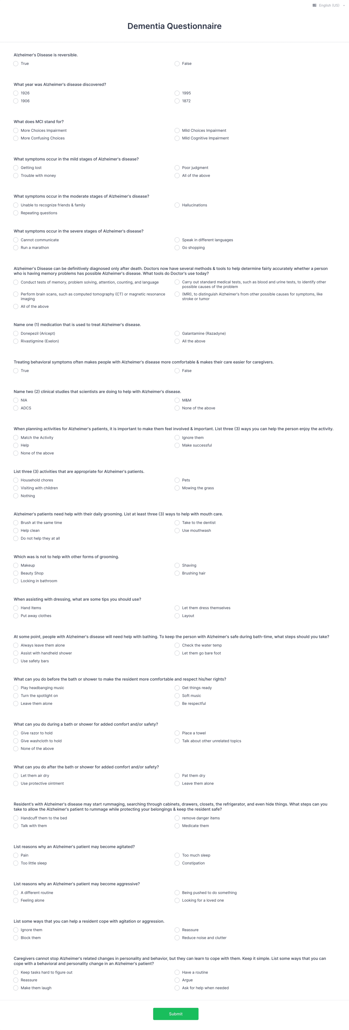 Dementia Questionnaire Form Template | Jotform