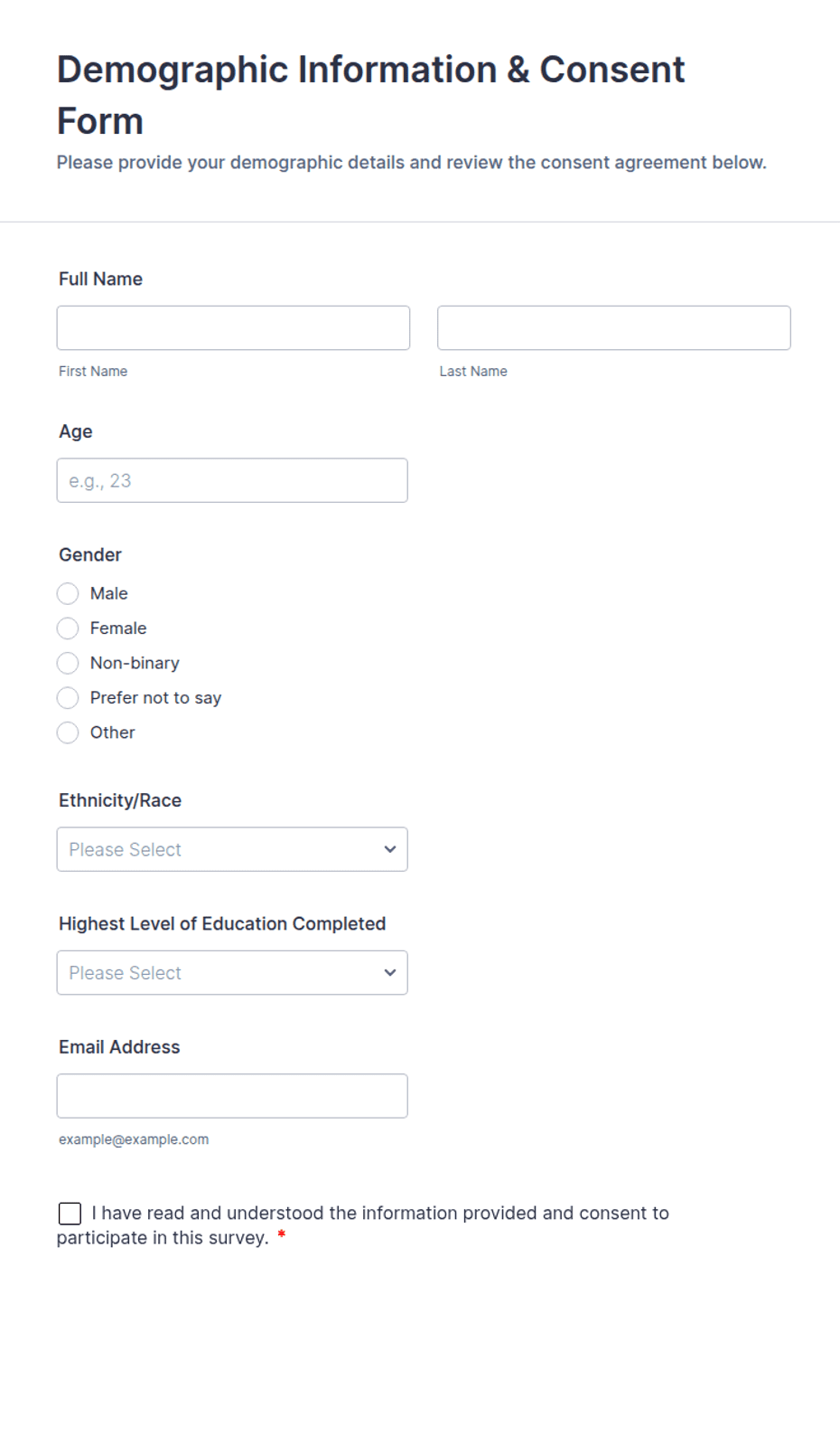 Demographic Information & Consent Form Template | Jotform