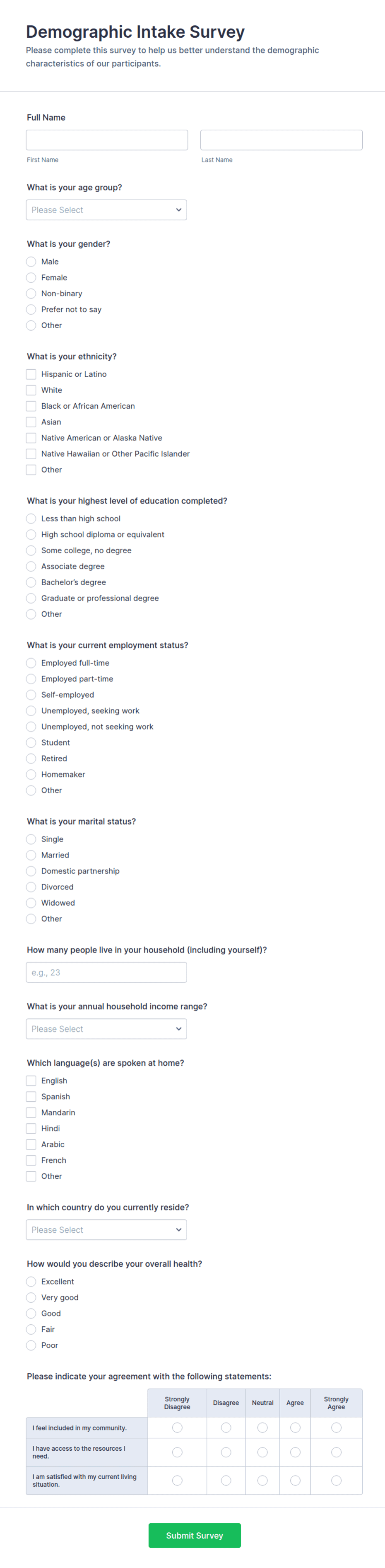 Demographic Intake Survey Form Template | Jotform