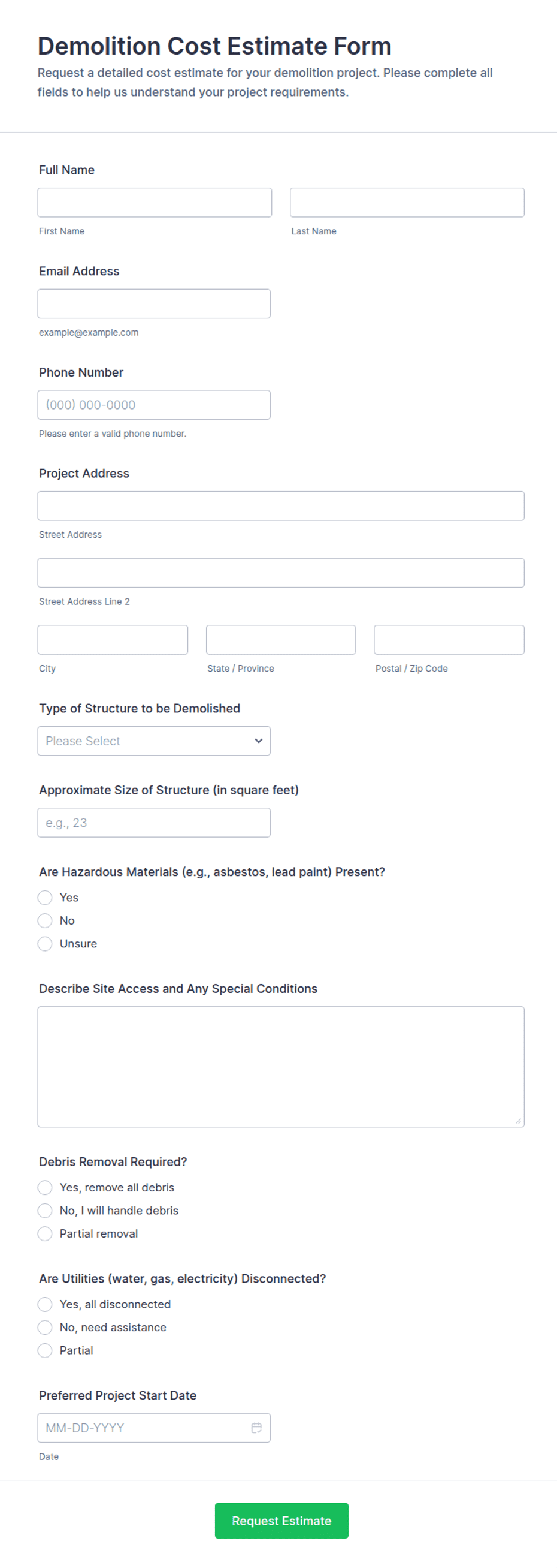 Demolition Cost Estimate Form Template | Jotform
