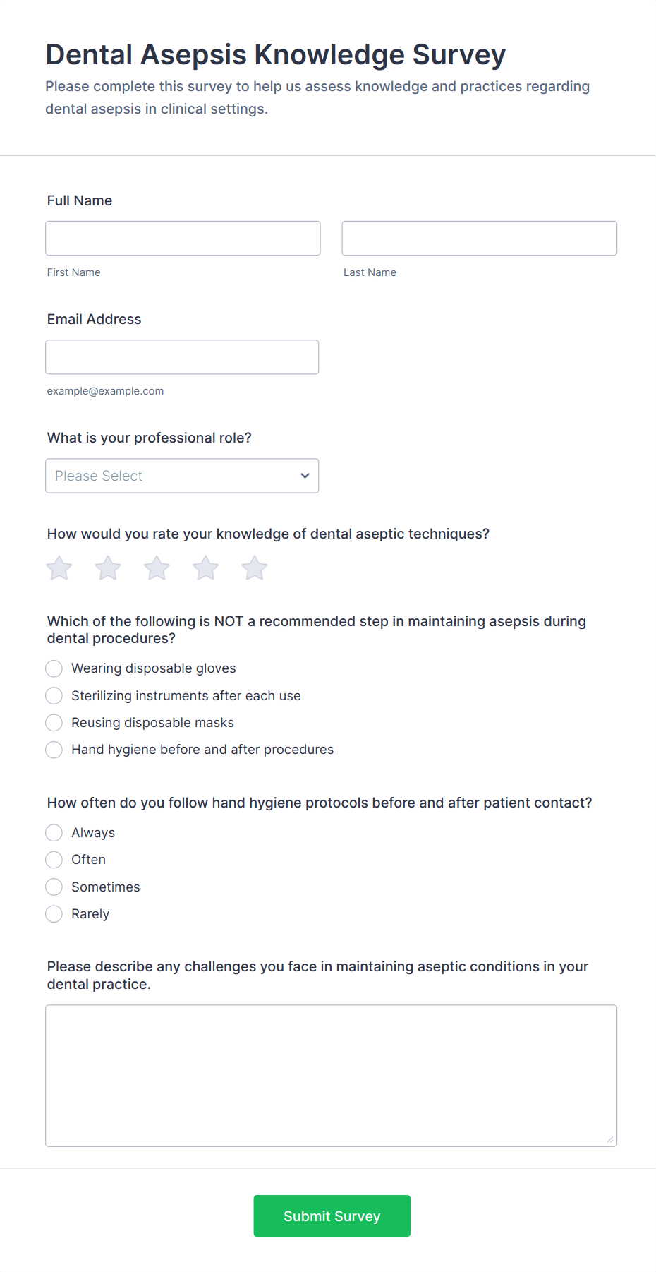 Dental Asepsis Knowledge Survey Form Template | Jotform