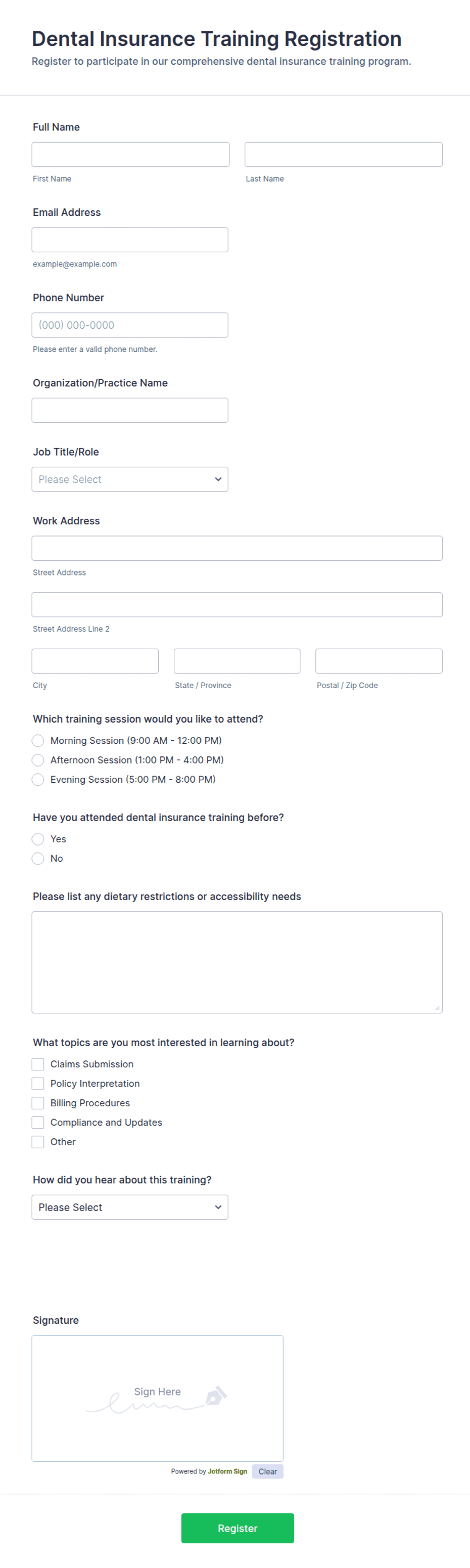 Dental Insurance Training Registration Form Template | Jotform