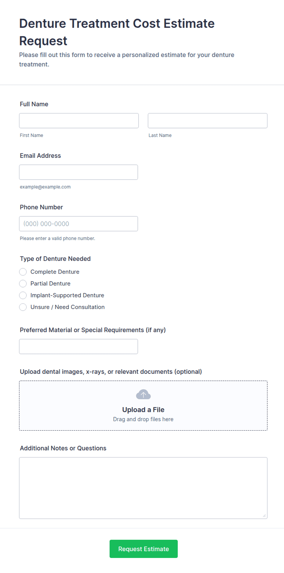 Denture Treatment Cost Estimate Request Form Template | Jotform