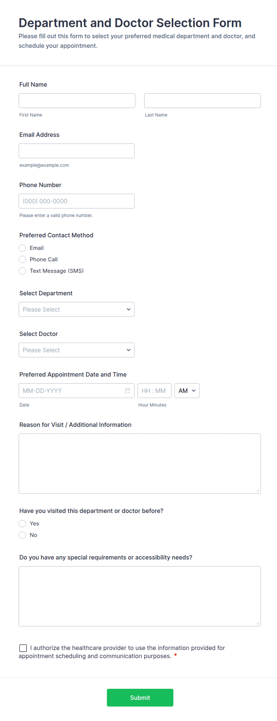 Department and Doctor Selection Form Template | Jotform