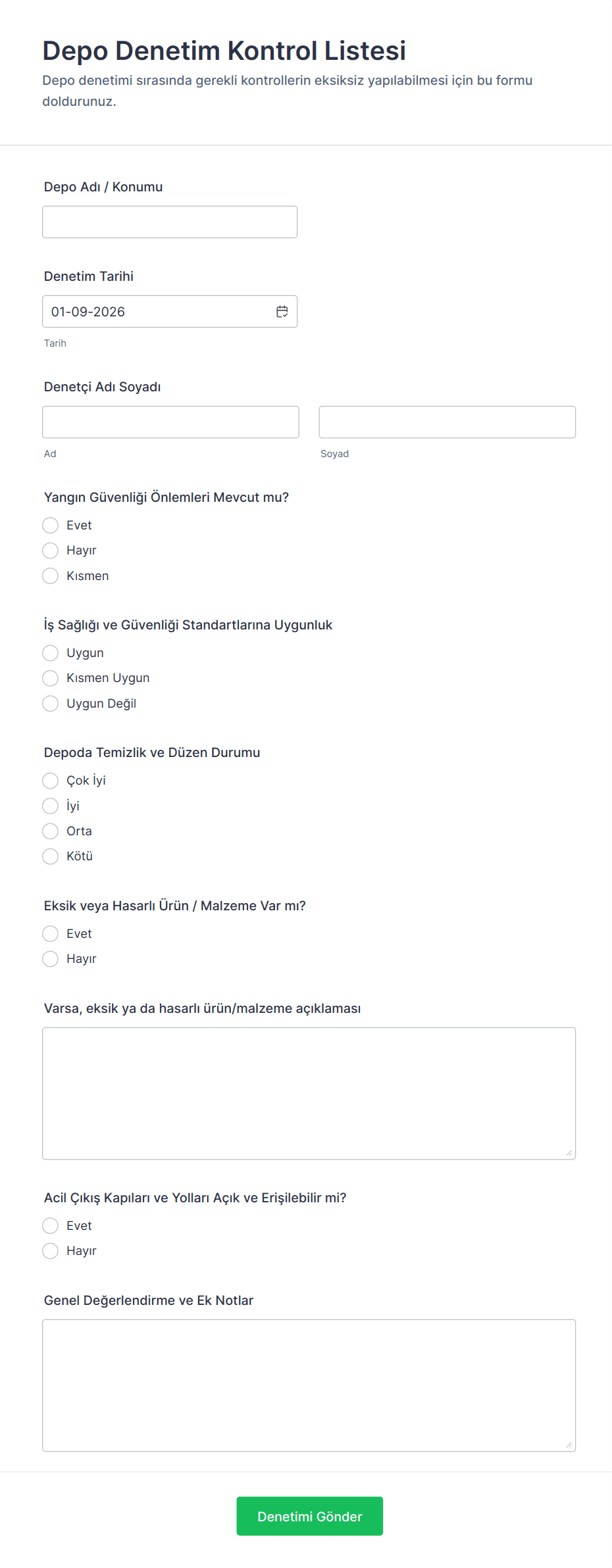 Depo Denetim Kontrol Listesi Form Şablonu | Jotform