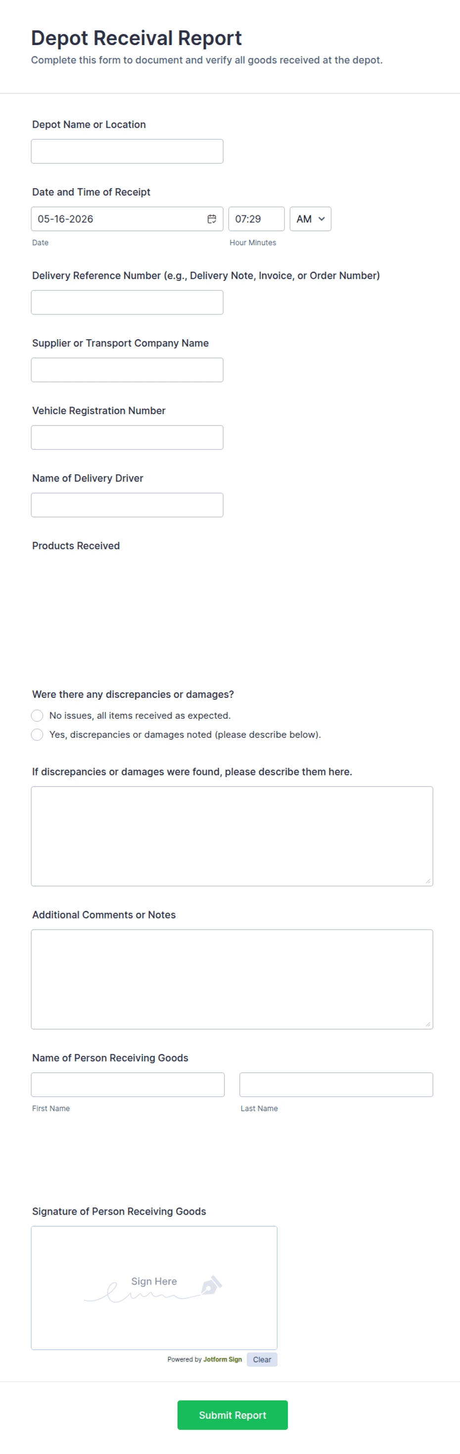 Depot Receival Report Form Template | Jotform