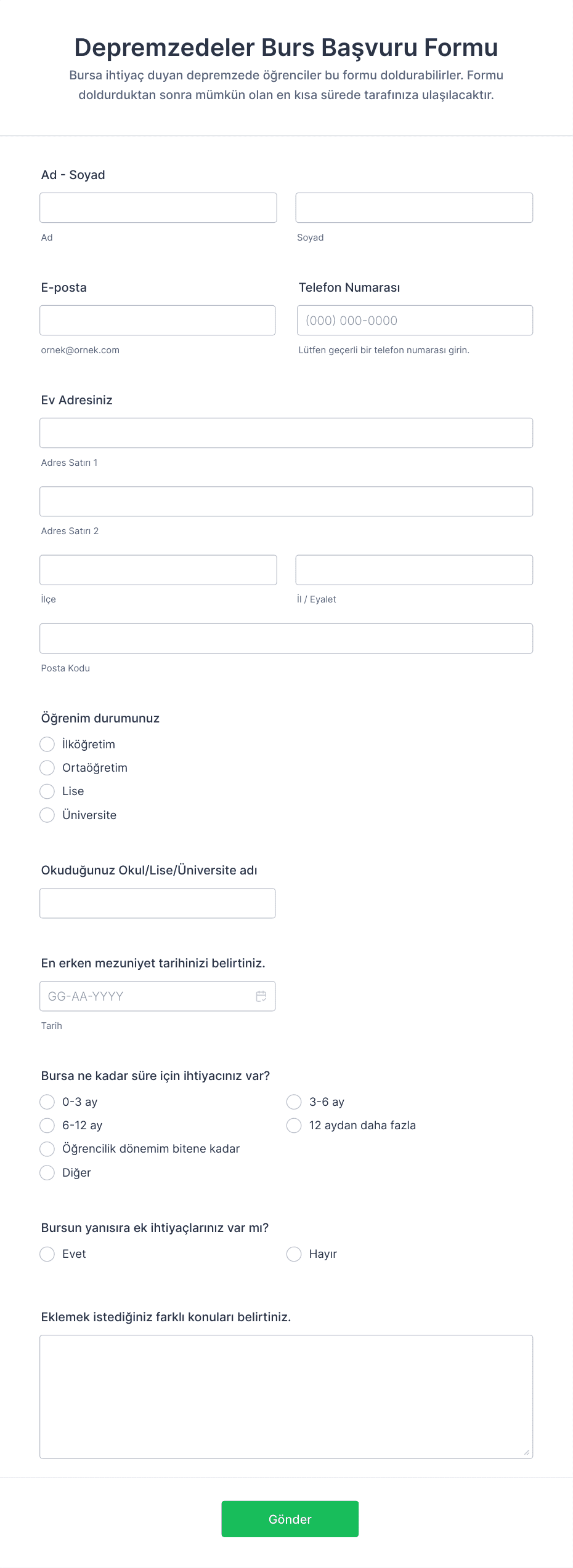 Depremzedeler Burs Başvuru Form Şablonu | Jotform