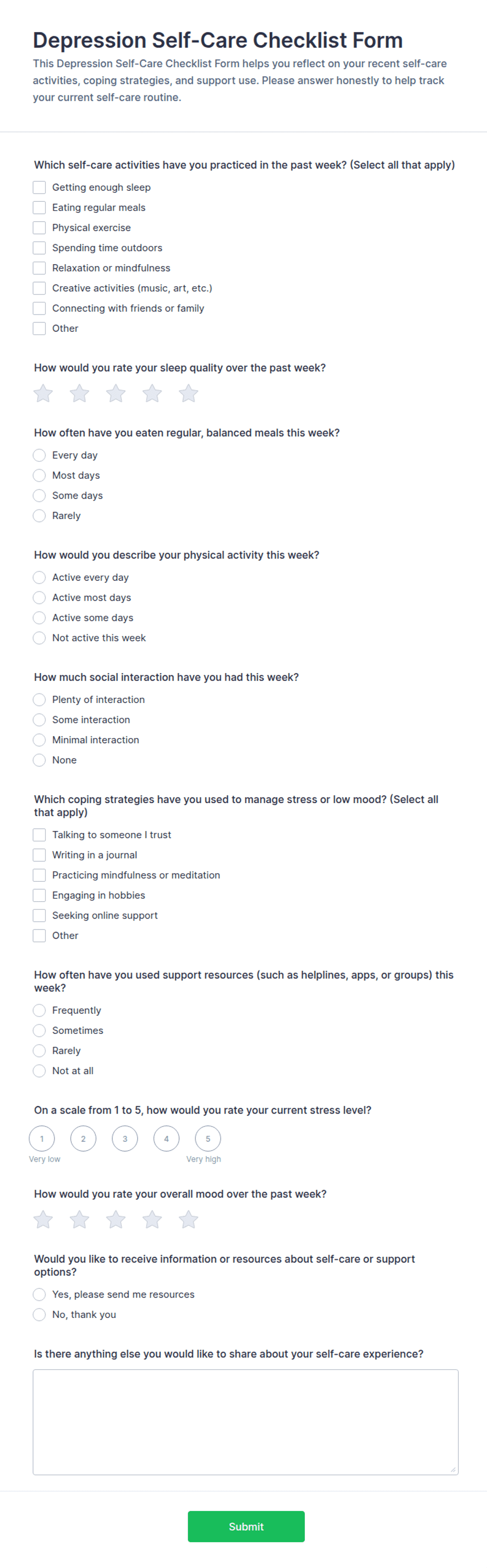 Depression Self-Care Checklist Form Template | Jotform
