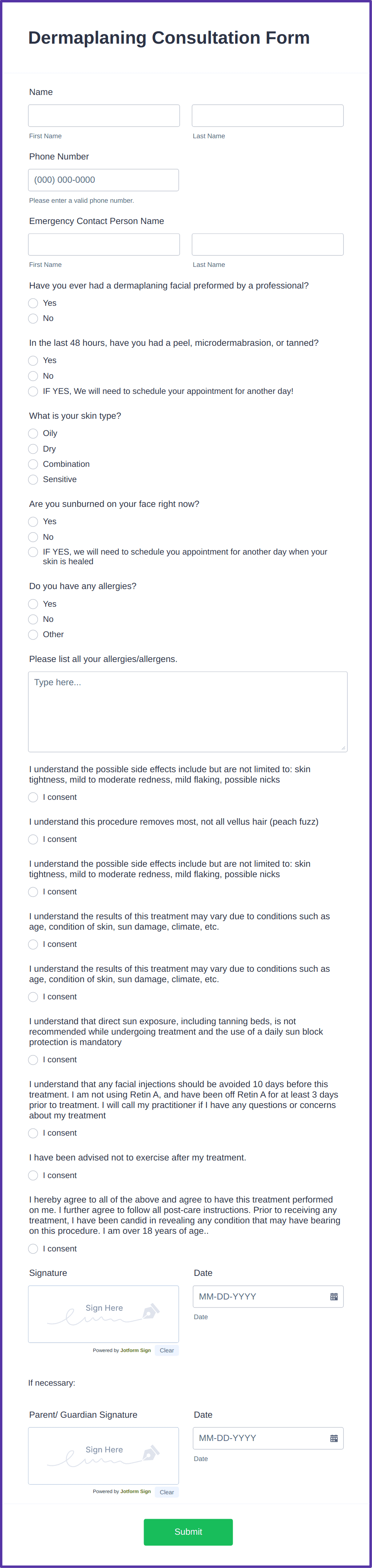 Dermaplaning Consultation Form Template | Jotform