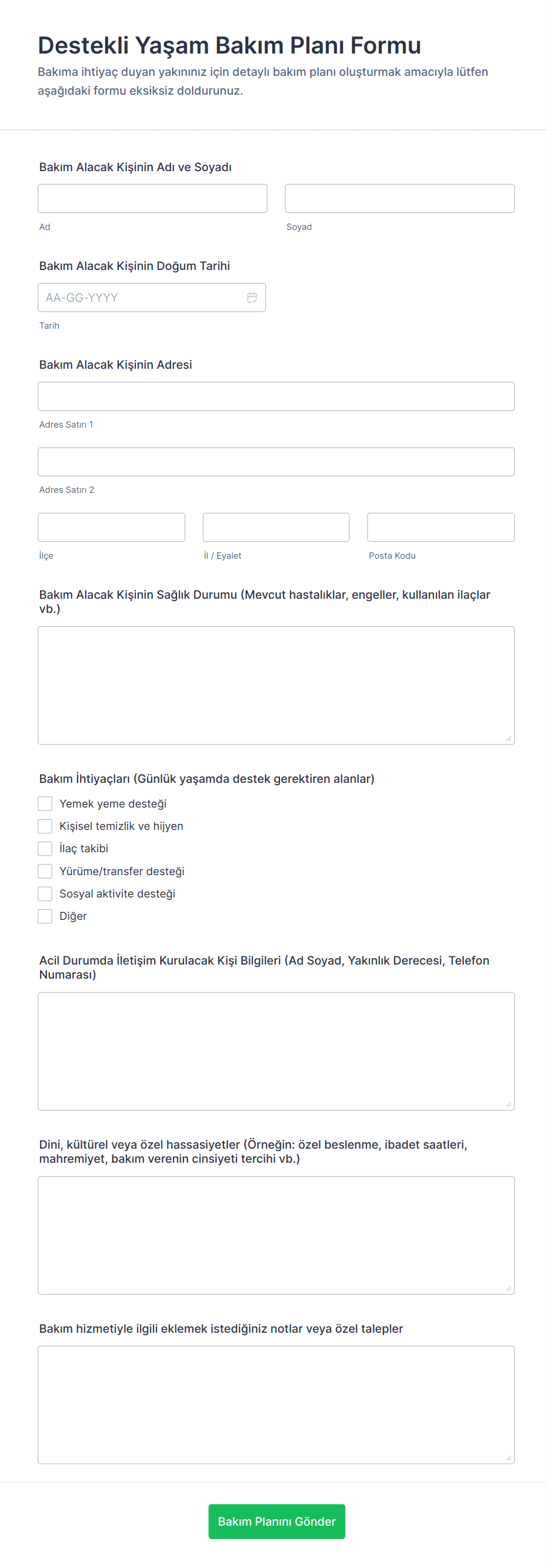 Destekli Yaşam Bakım Planı Form Şablonu | Jotform