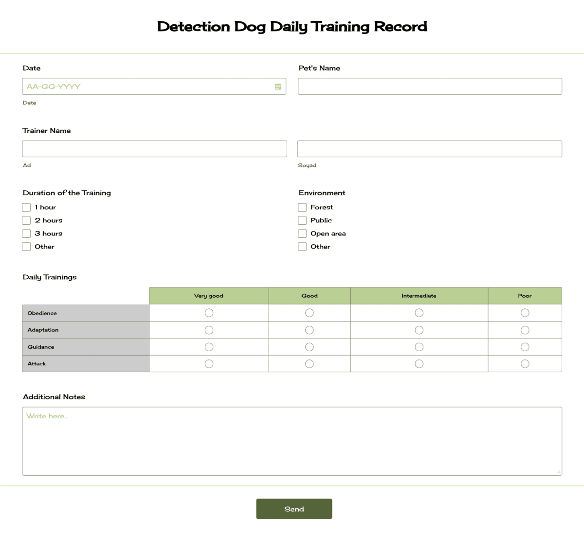 Detection Dog Daily Training Record Form Template | Jotform