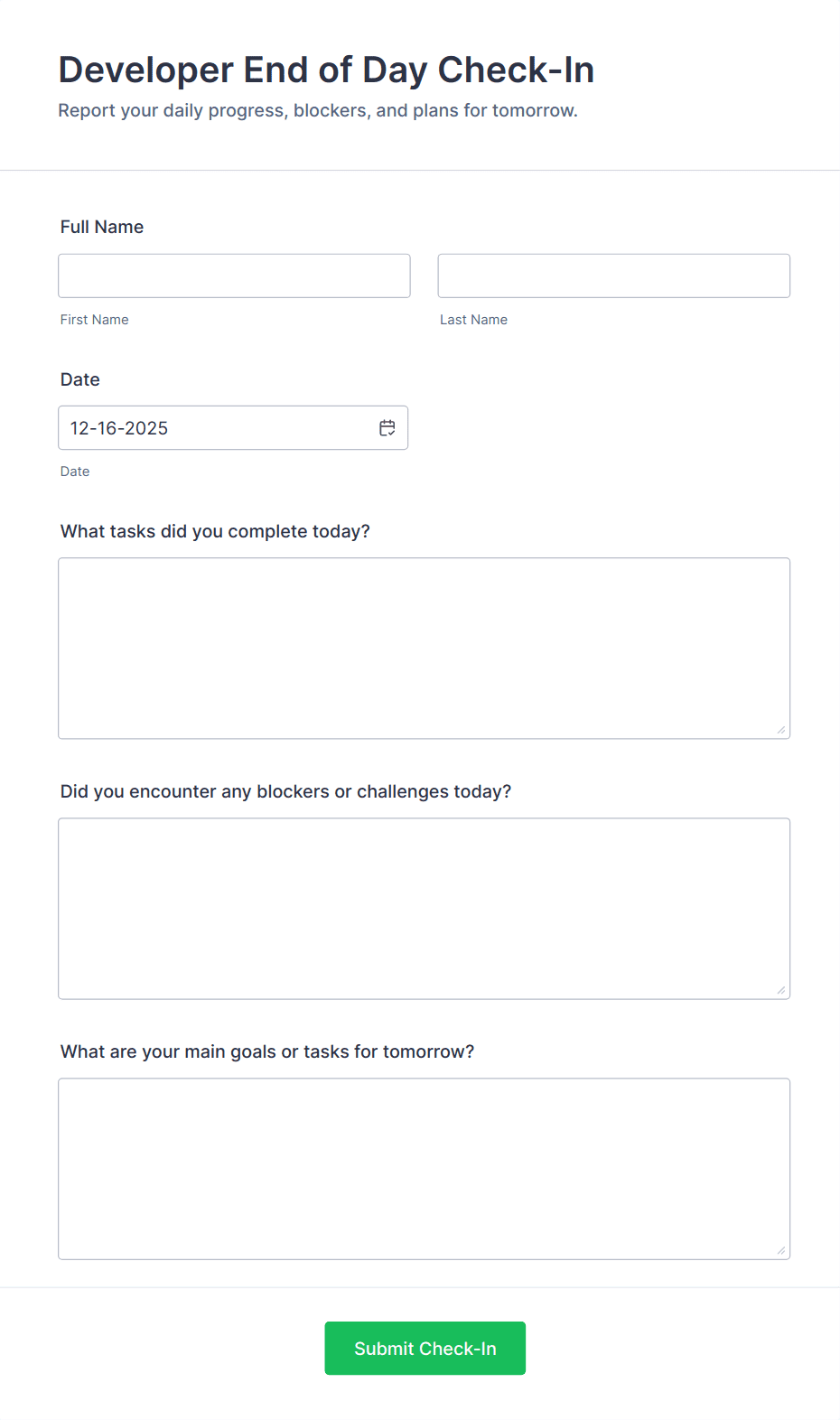 Developer End of Day Check-In Form Template | Jotform