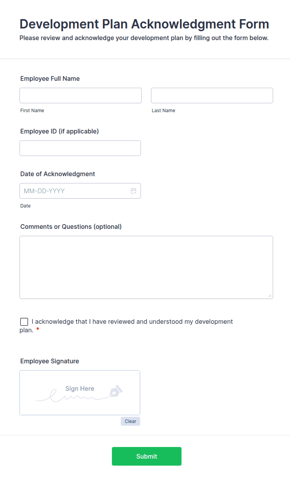 Development Plan Acknowledgment Form Template | Jotform
