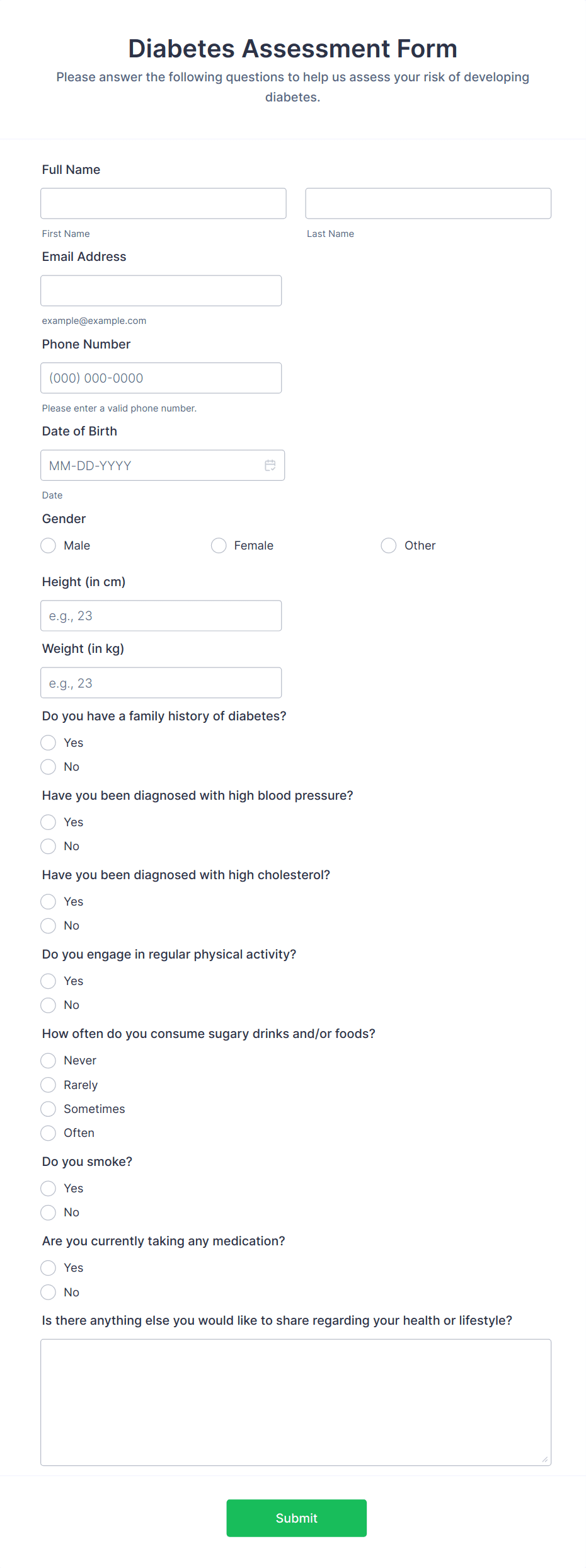 Diabetes Assessment Form Template | Jotform