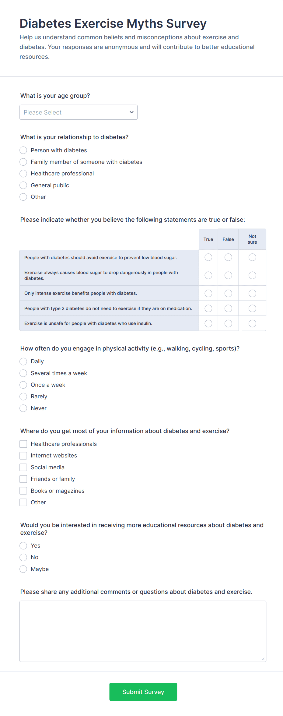 Diabetes Exercise Myths Survey Form Template | Jotform