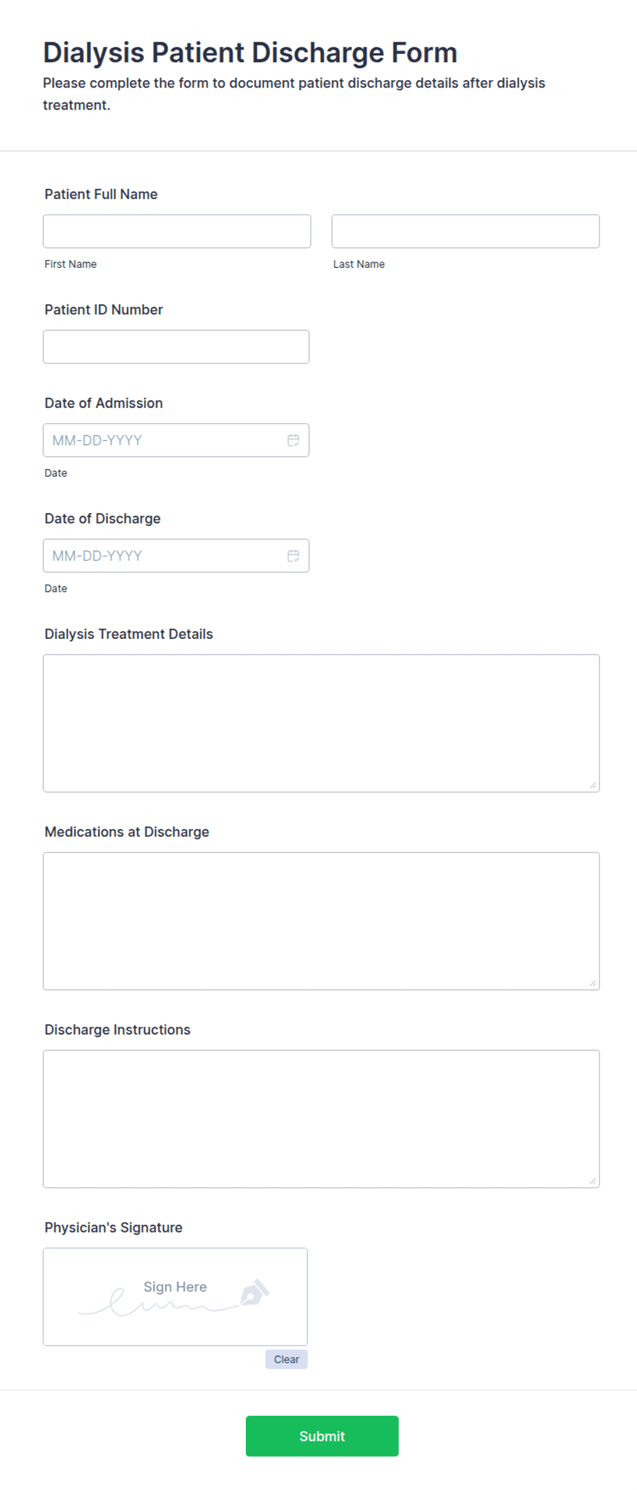 Dialysis Patient Discharge Form Template | Jotform