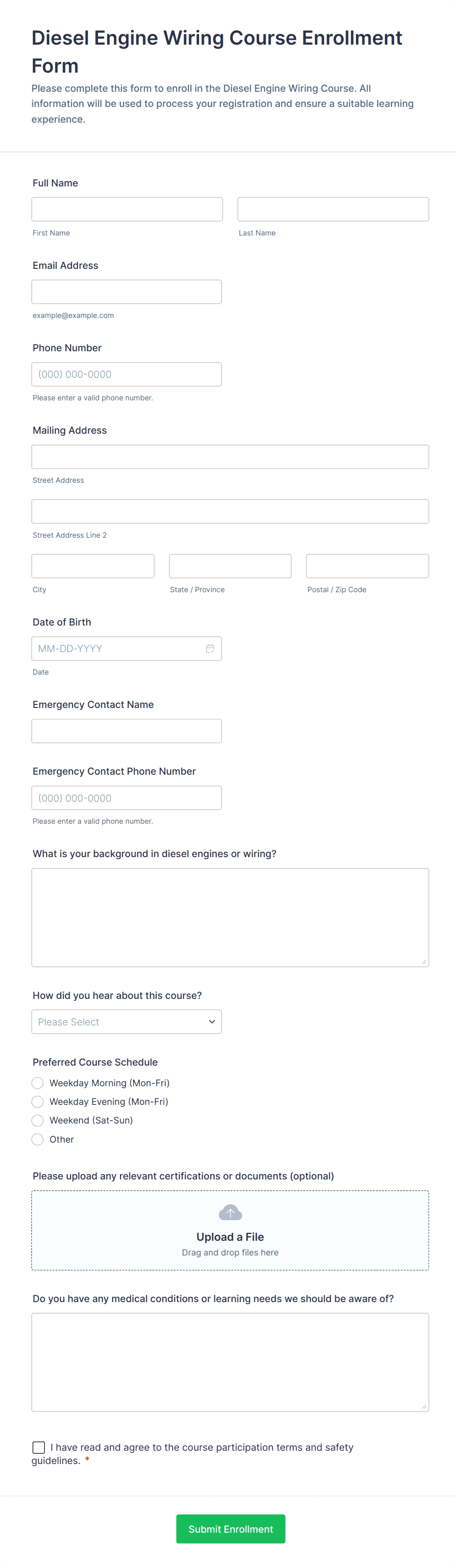 Diesel Engine Wiring Course Enrollment Form Template | Jotform