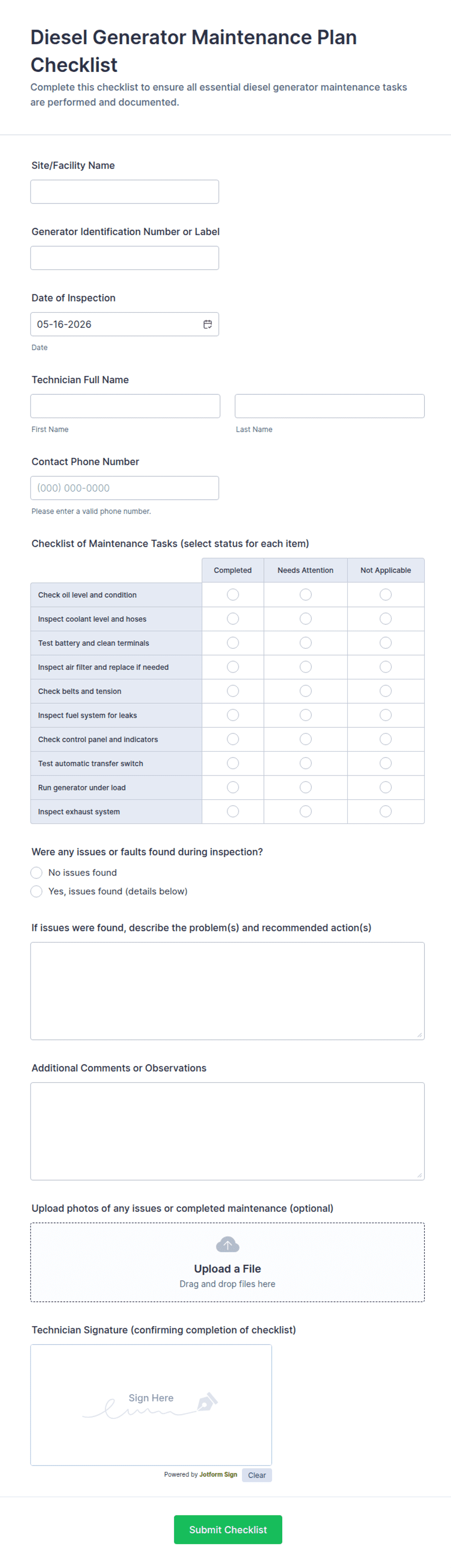 Diesel Generator Maintenance Plan Checklist Form Template | Jotform