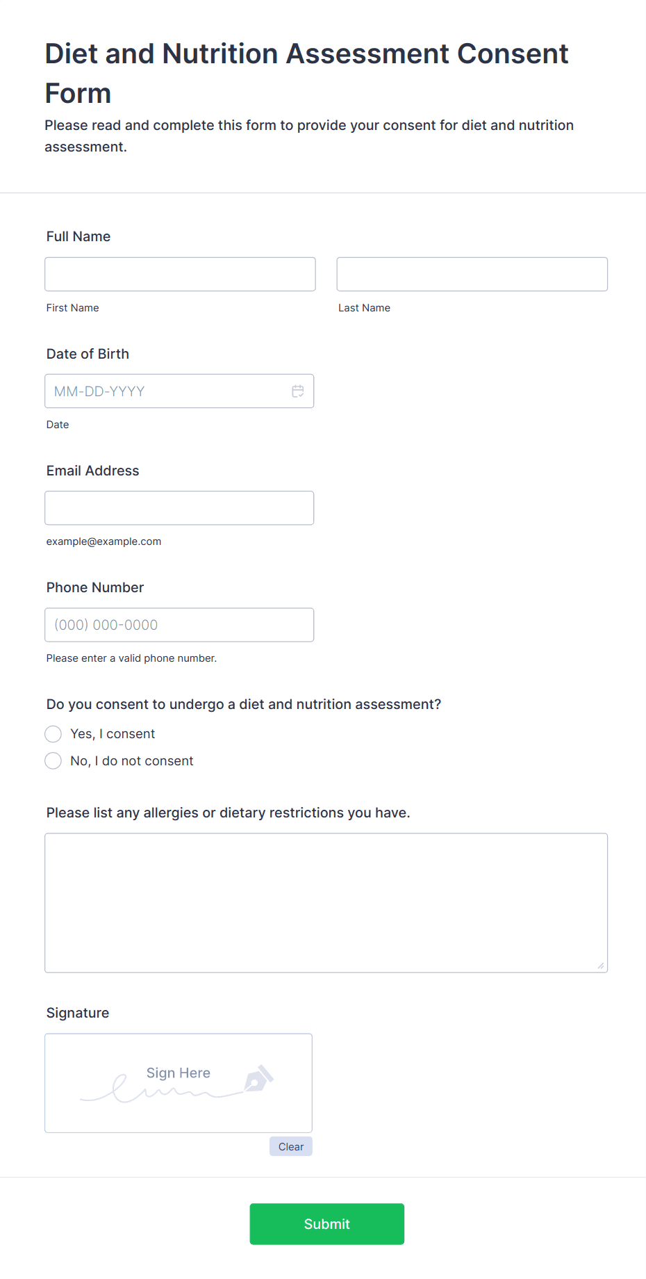 Diet and Nutrition Assessment Consent Form Template | Jotform