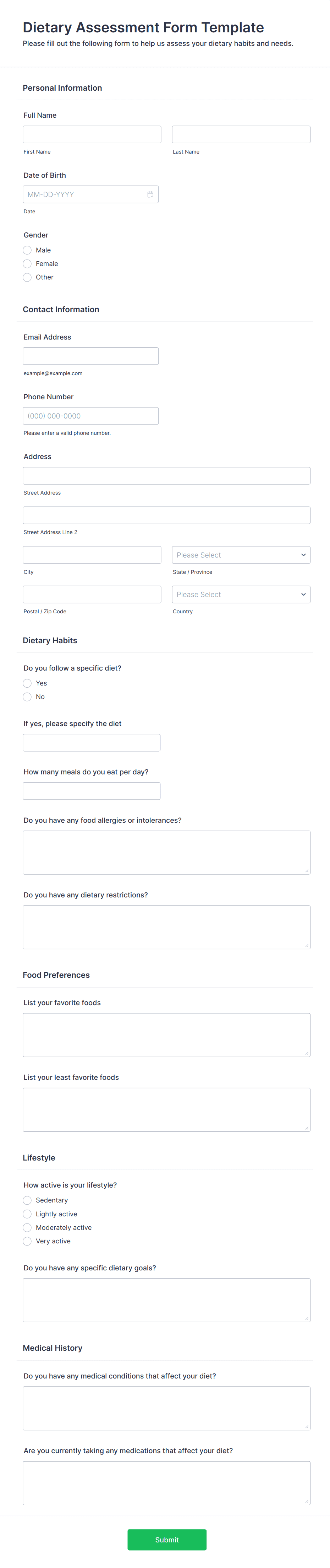 Dietary Assessment Form Template | Jotform