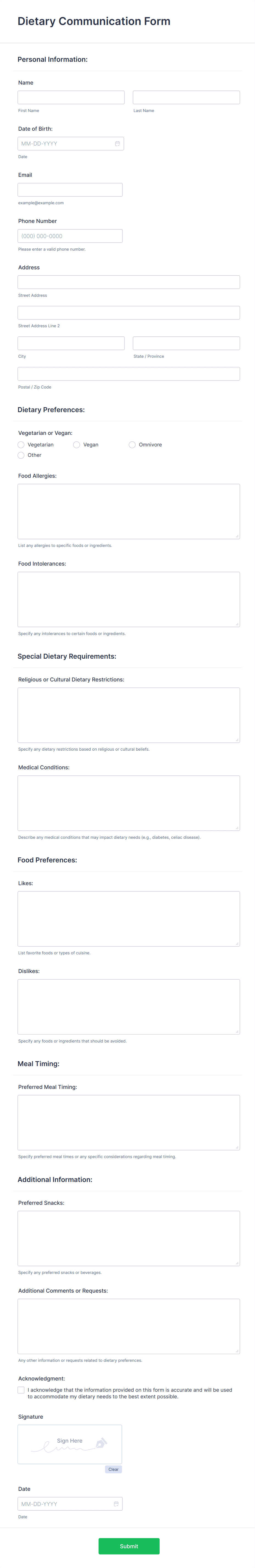 Dietary Communication Form Template | Jotform