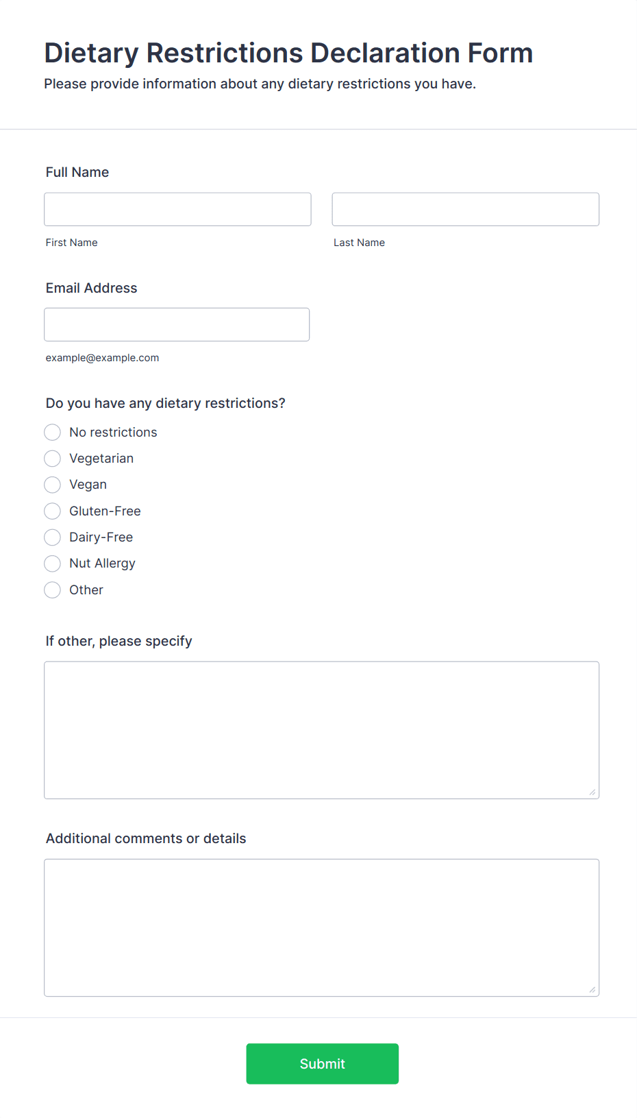 Dietary Restrictions Declaration Form Template | Jotform