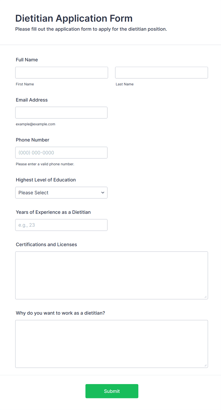 Dietitian Application Form Template | Jotform