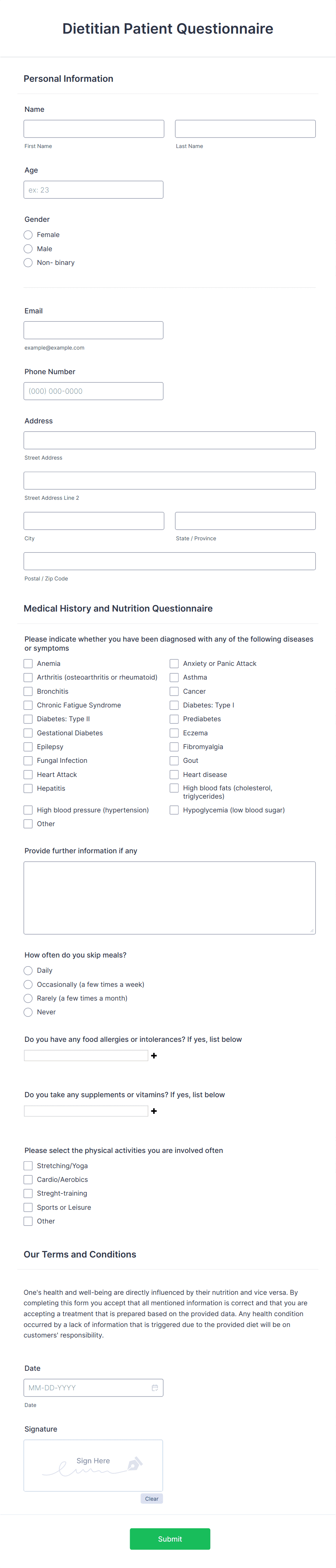 Dietitian Patient Questionnaire Form Template | Jotform